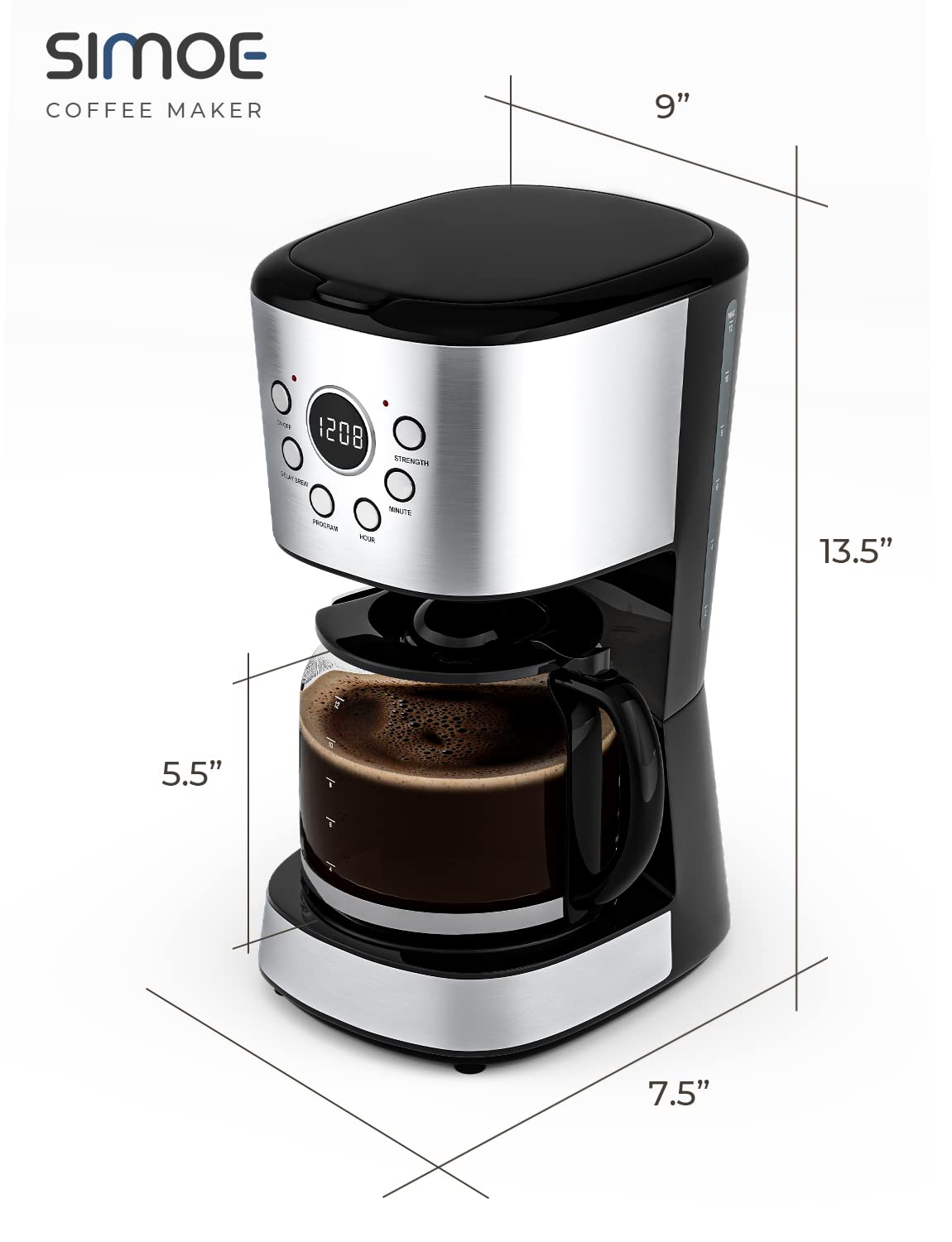 SIMOE Programmable Coffee Maker, 12-Cup Coffee Machine with Timer and Glass Carafe, Keep Warm, Brew Strength Control, Anti-Drip System, Black with Stainless Steel