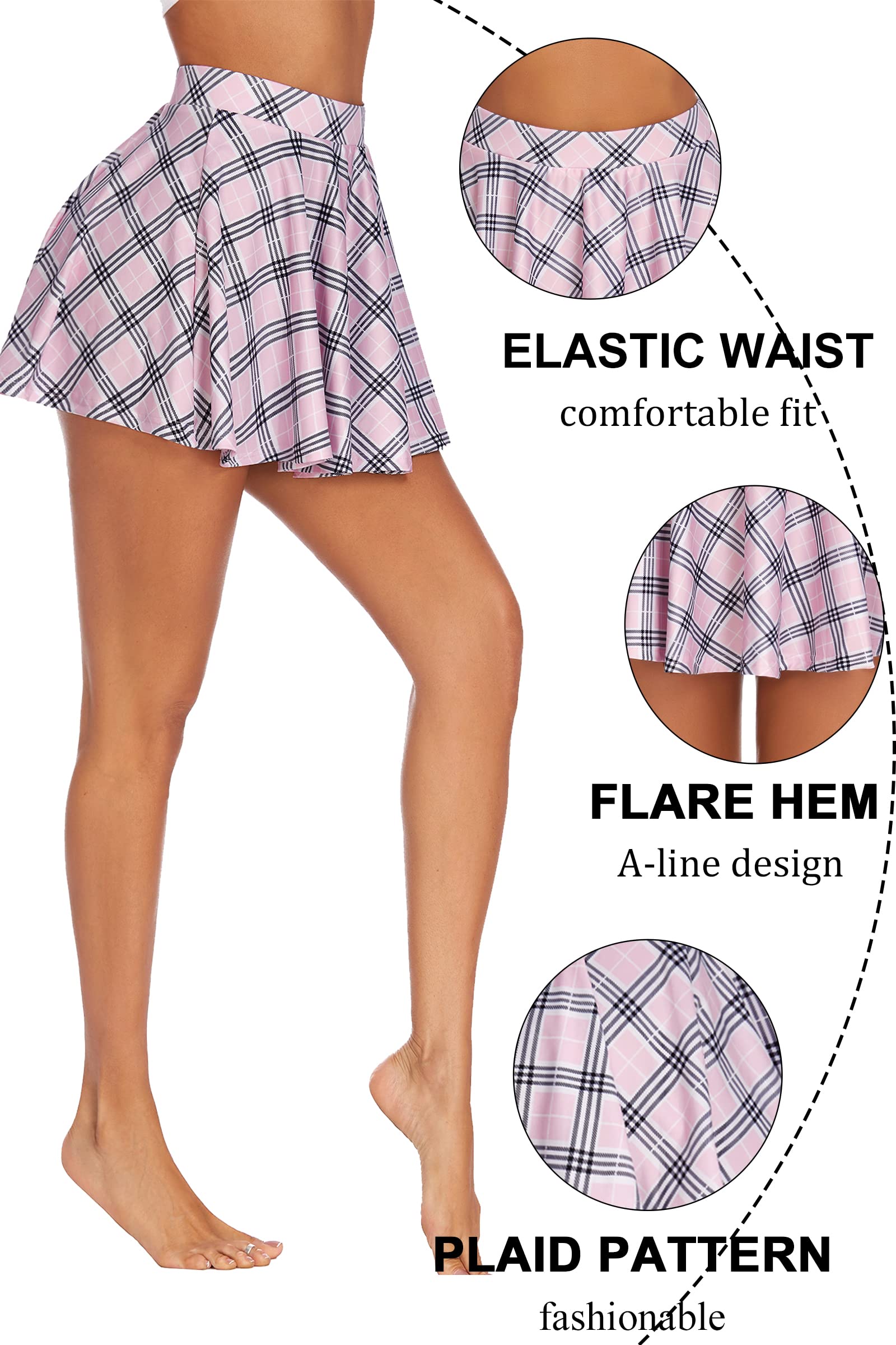 Avidlove Women's Mini Plaid Skirt Stretchy Elastic Waist Flared Casual Mini Skater Skirt
