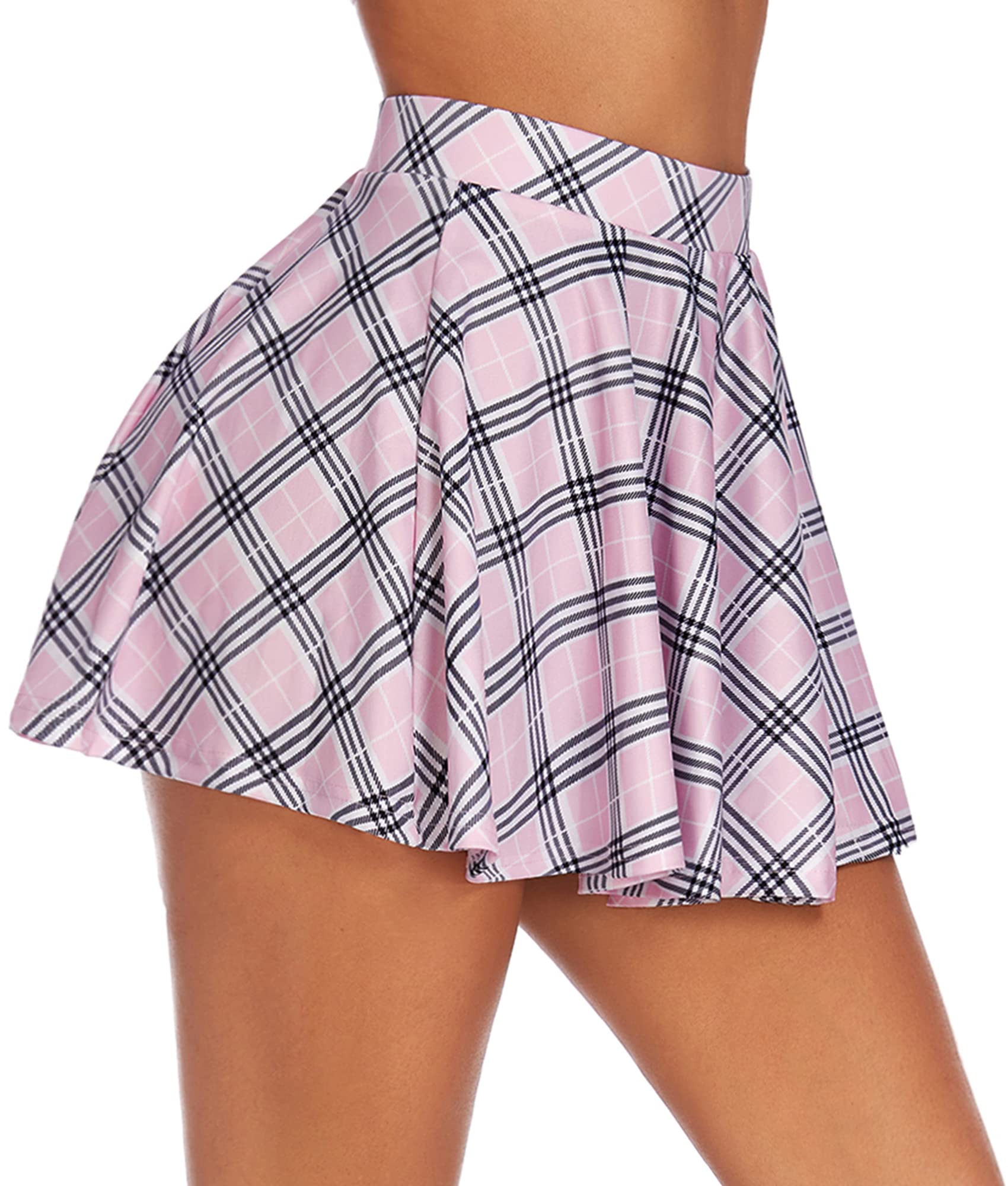Avidlove Women's Mini Plaid Skirt Stretchy Elastic Waist Flared Casual Mini Skater Skirt
