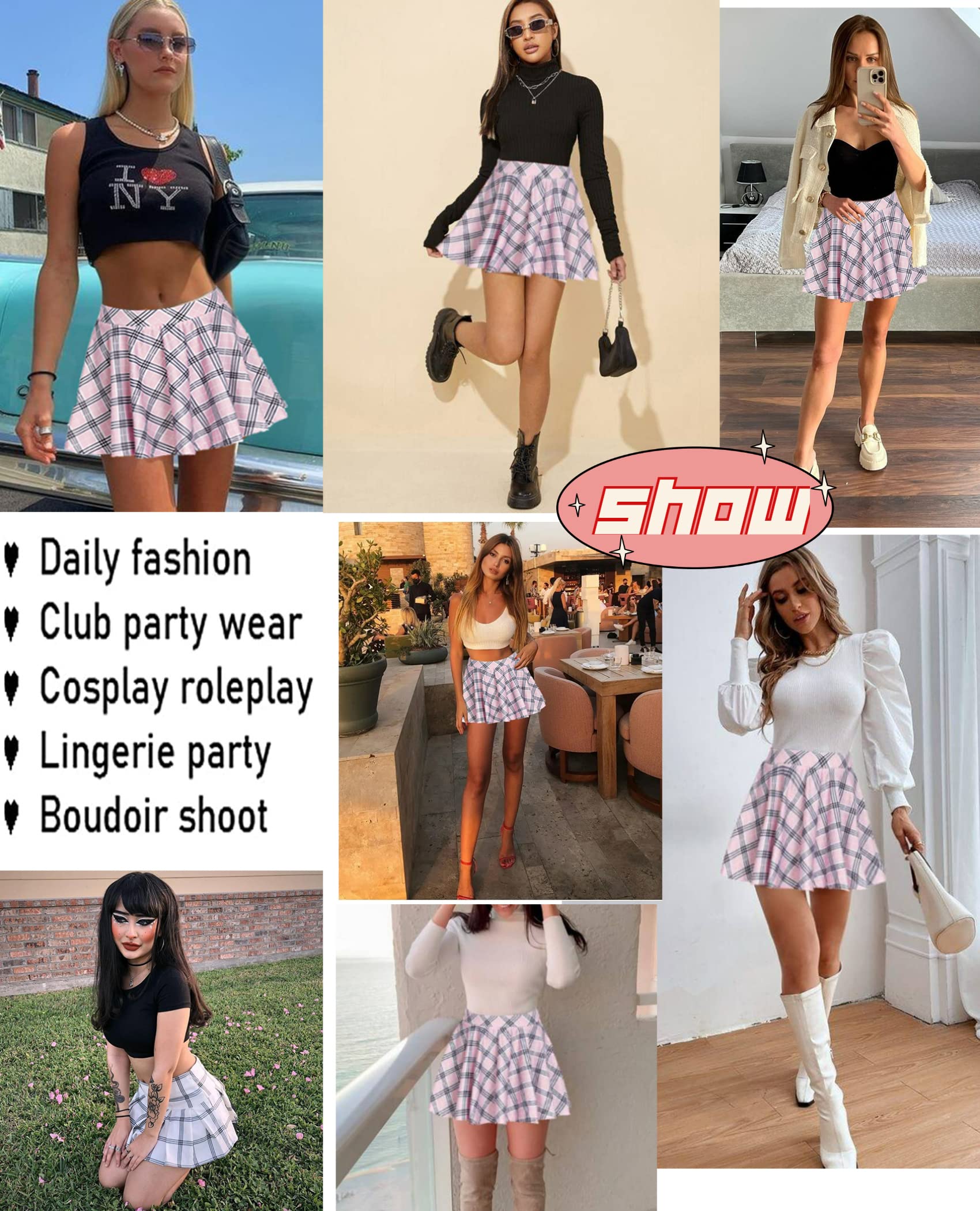 Avidlove Women's Mini Plaid Skirt Stretchy Elastic Waist Flared Casual Mini Skater Skirt