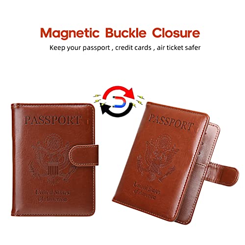 MCmolis Passport and Vaccine Card Holder Combo,RFID Blocking Leather Cover Case Travel Documents Organizer Protector With CDC Vaccination Card Slot and Magnetic Buckle-Brown
