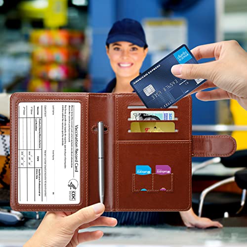 MCmolis Passport and Vaccine Card Holder Combo,RFID Blocking Leather Cover Case Travel Documents Organizer Protector With CDC Vaccination Card Slot and Magnetic Buckle-Brown