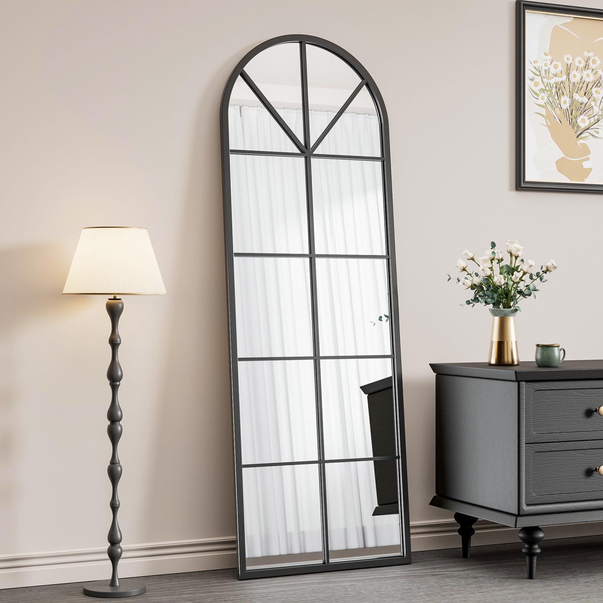 OGCAU Arched Full Length Mirror 65"x22", Floor Mirror Full Length, Full Body Mirror, Wall Mirror Full Length, Arched Wall Mirror for Bedroom, Dressing Room, No Stand, Iron Frame - Black