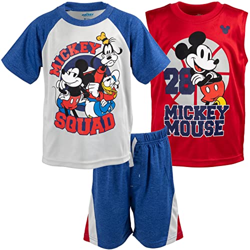 Disney Mickey Mouse Donald Duck Goofy Toddler Boys Graphic T-Shirt Tank Top and Shorts 3 Piece Set Blue/Gray/Red 2T