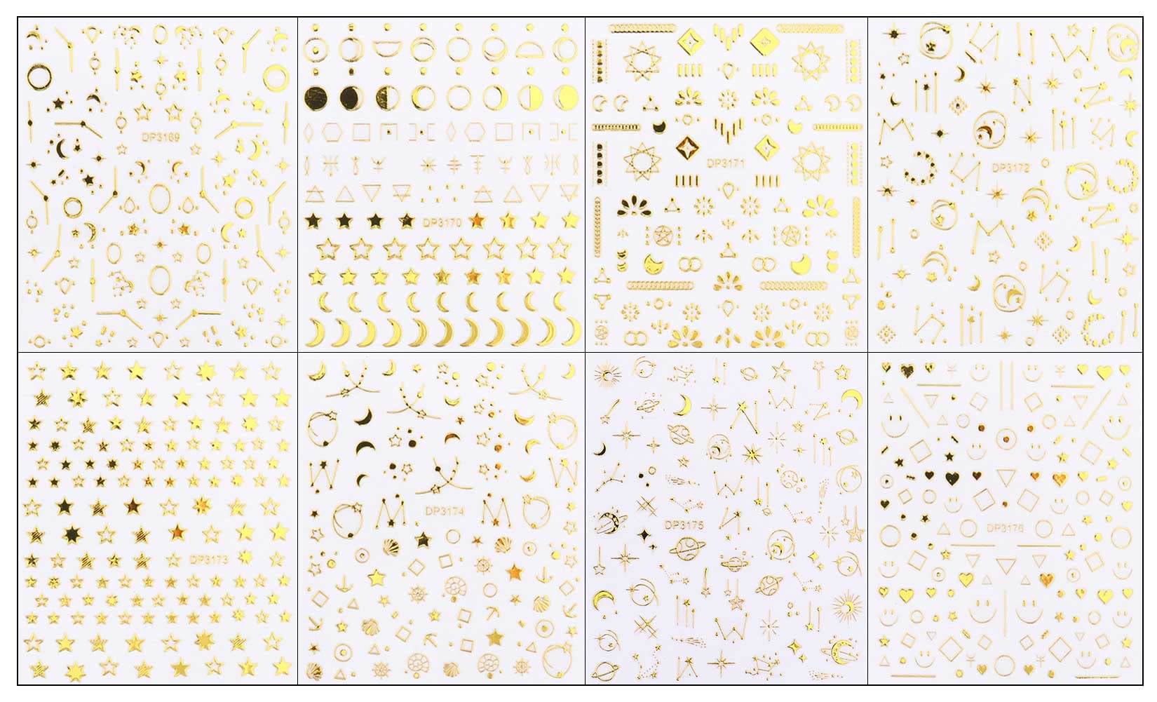 8 Sheets Gold Star Moon Nail Art Stickers Decals Self-Adhesive Metallic Ramadan Zodiac Design Manicure Tips Nail Decoration for Women Girls