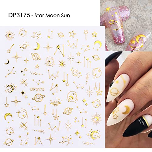 8 Sheets Gold Star Moon Nail Art Stickers Decals Self-Adhesive Metallic Ramadan Zodiac Design Manicure Tips Nail Decoration for Women Girls