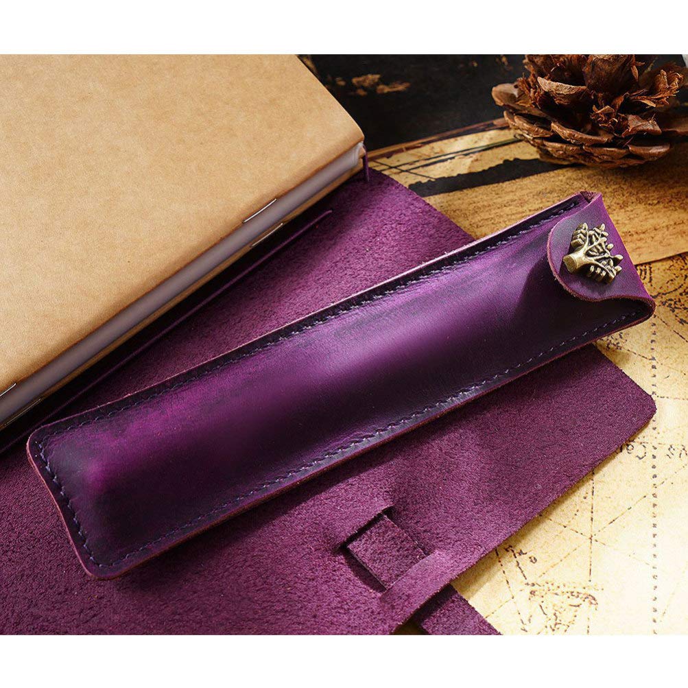 NUOBESTY Leather Pen Pouch Single Pen Case Holder Fountain Pen Pouch Soft Pen Sleeve Cover Durable Pen Case Desk Supplies (Purple)