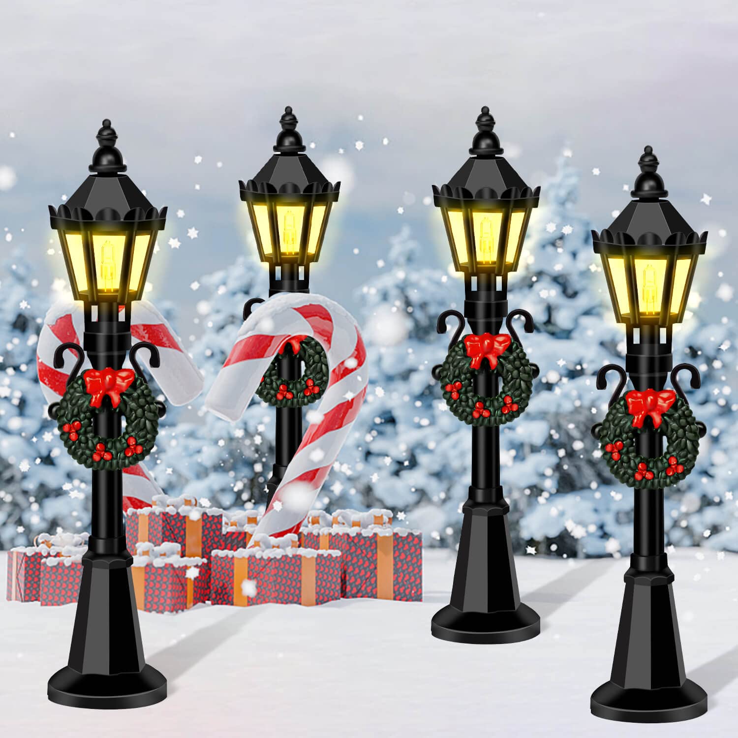 Christmas Mini Street Light Models, 4 Pcs Mini Street Lamp Dollhouse Streetlight Models, Miniature Christmas Village Pathway Lantern Post for DIY Micro Landscape Fairy Garden Accessories