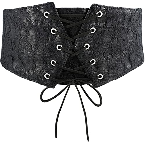 Glamorstar Corset Belt for Women Lace up Leather Belt Wide Waist Belt Elastic Tied Waspie Belt for Dresses Lace Black 27.5IN/70CM