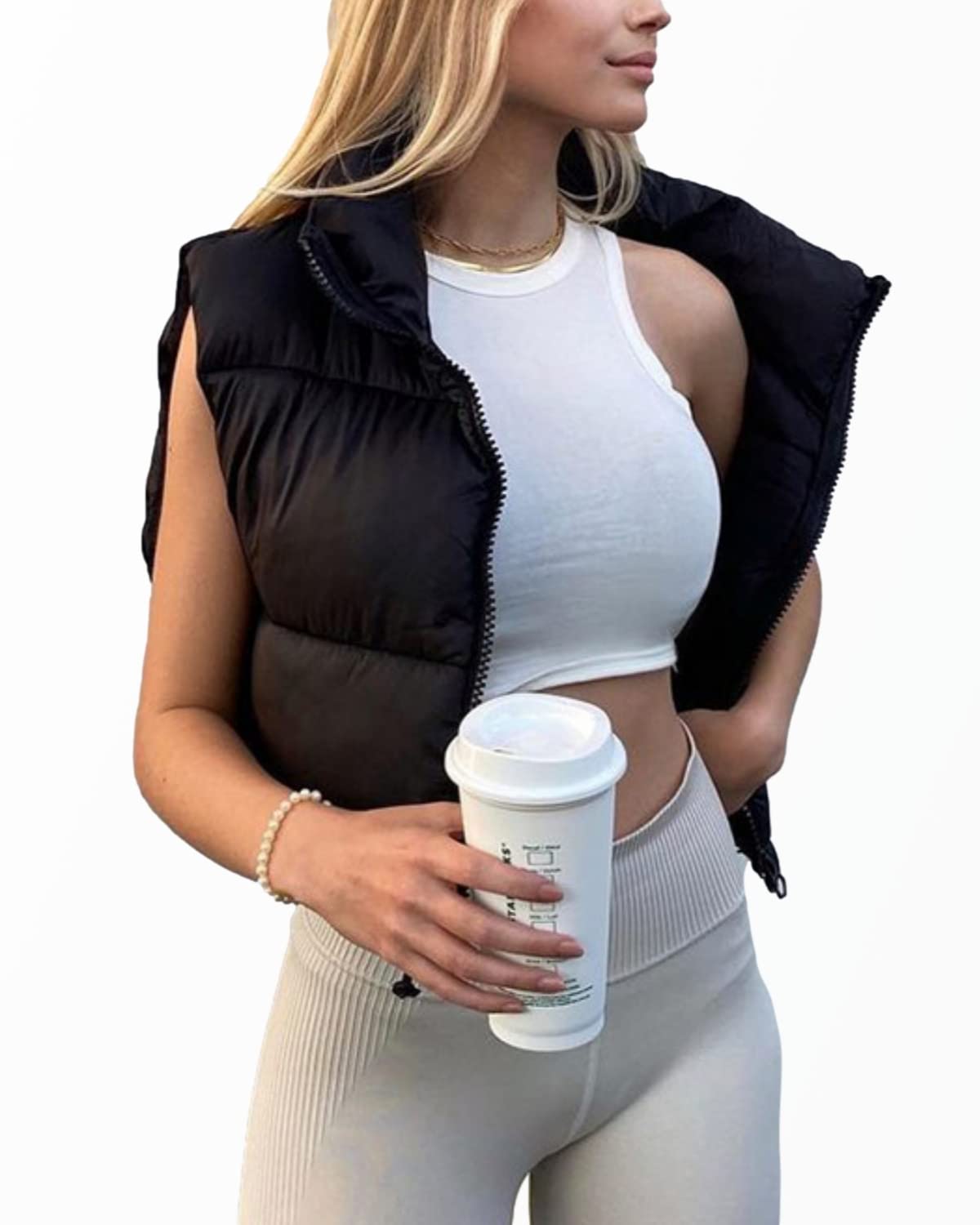 Shiyifa Women's Fashion High Neck Zipper Cropped Puffer Vest Jacket Coat (Black, Large)