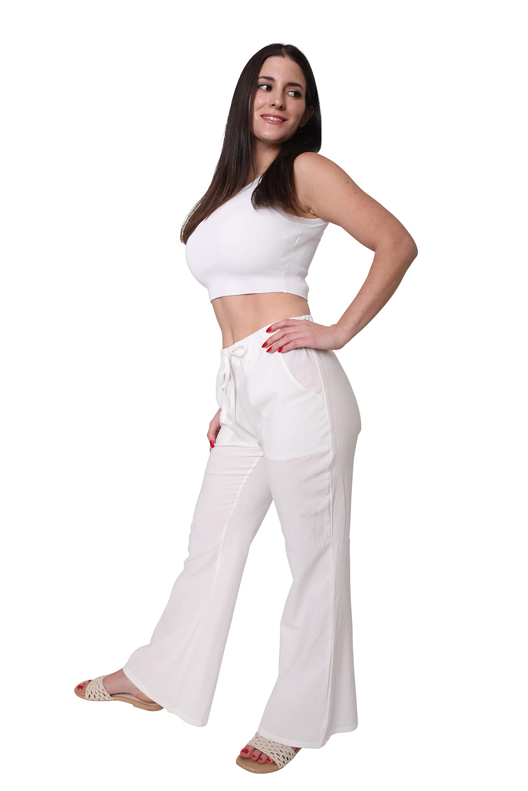 Unlimit Womens Casual Pants Wide Legs Cotton Linen, Soft Lightweight Comfy Long Lounge Pants for Summer, Beach and Home, Elastic Waist Drawstring Trousers with Pockets. (XL, White)