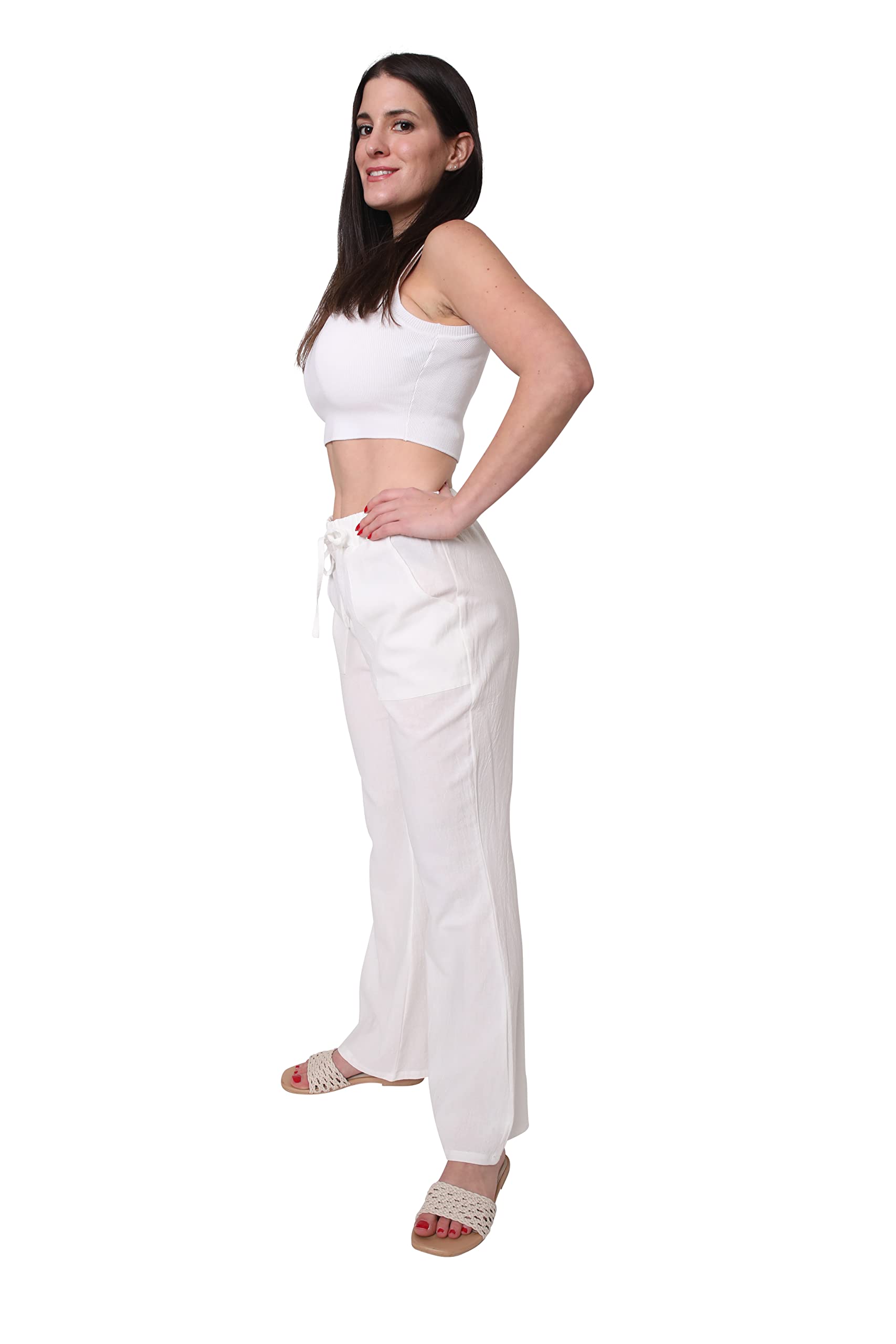 Unlimit Womens Casual Pants Wide Legs Cotton Linen, Soft Lightweight Comfy Long Lounge Pants for Summer, Beach and Home, Elastic Waist Drawstring Trousers with Pockets. (XL, White)