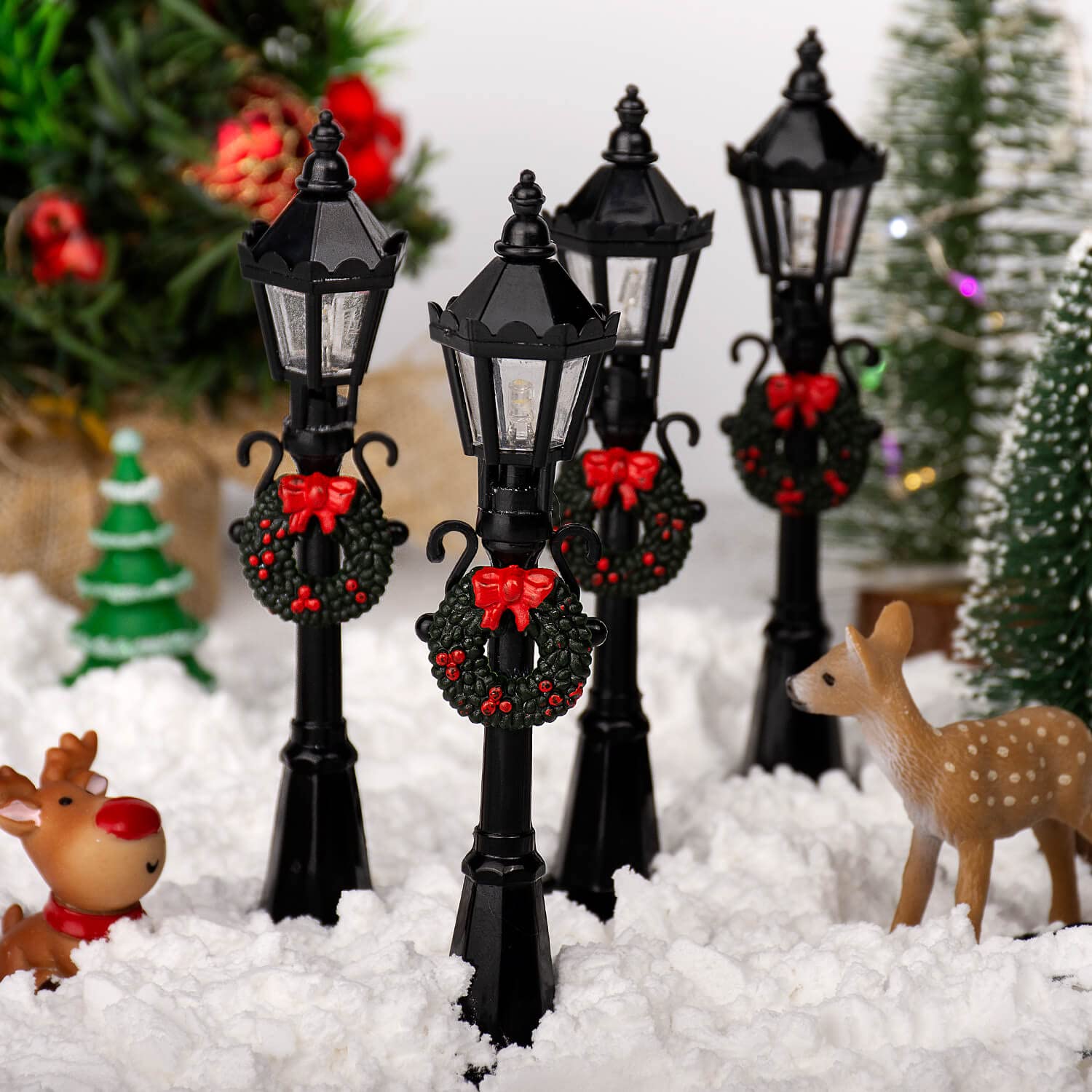 Christmas Mini Street Light Models, 4 Pcs Mini Street Lamp Dollhouse Streetlight Models, Miniature Christmas Village Pathway Lantern Post for DIY Micro Landscape Fairy Garden Accessories