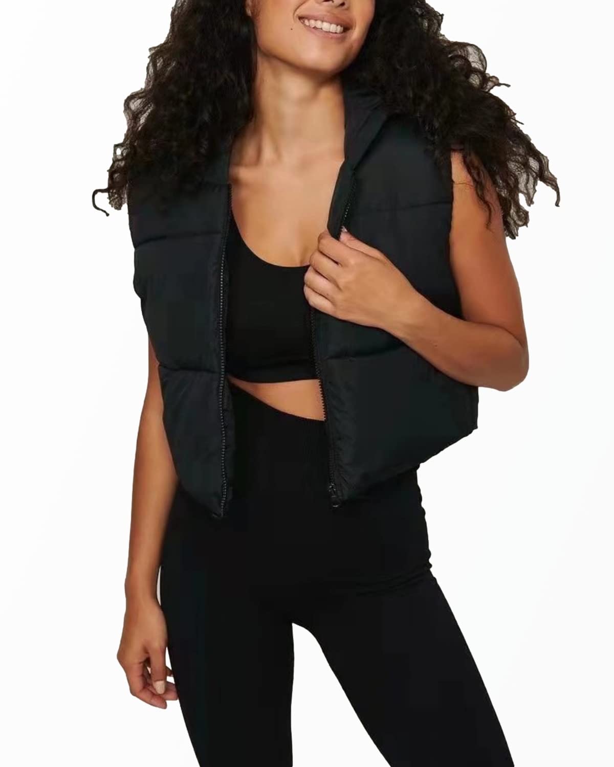 Shiyifa Women's Fashion High Neck Zipper Cropped Puffer Vest Jacket Coat (Black, Large)