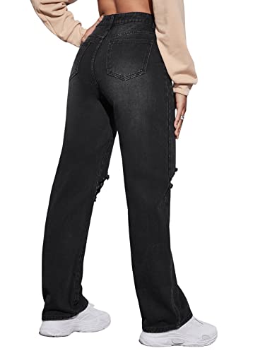 SweatyRocks Women's High Waist Ripped Jeans Distressed Raw Hem Denim Pants Solid Black S