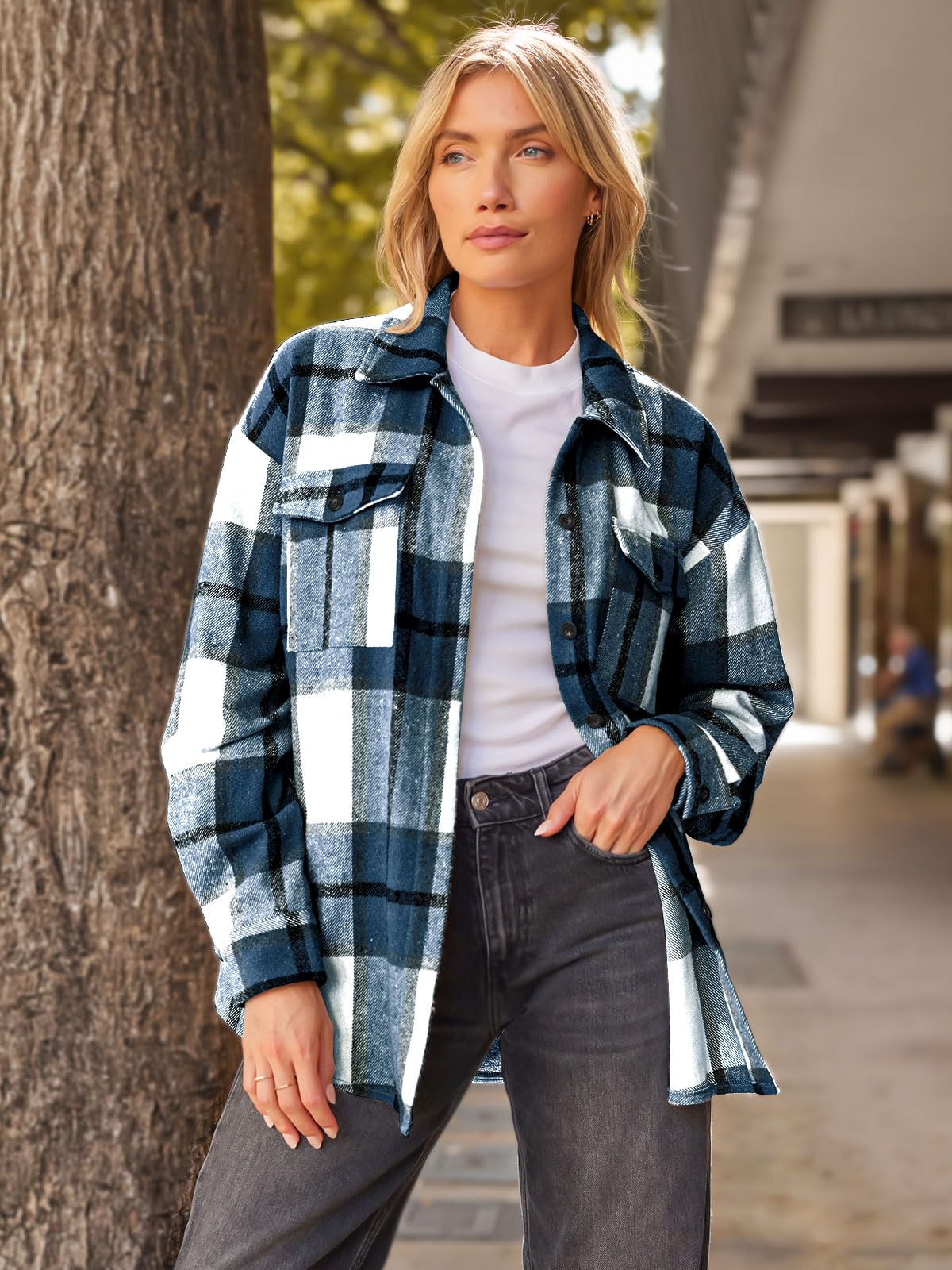 AUTOMET Womens Fall Outfits Fashion Clothes Shackets Flannel Plaid Button Down Long Sleeve Shirts Jackets Blue L