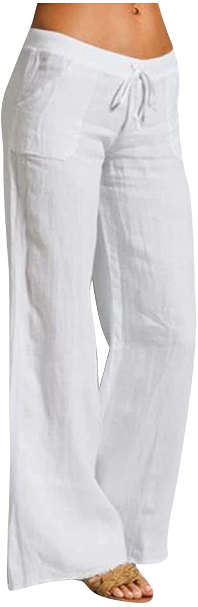 Unlimit Womens Casual Pants Wide Legs Cotton Linen, Soft Lightweight Comfy Long Lounge Pants for Summer, Beach and Home, Elastic Waist Drawstring Trousers with Pockets. (XL, White)