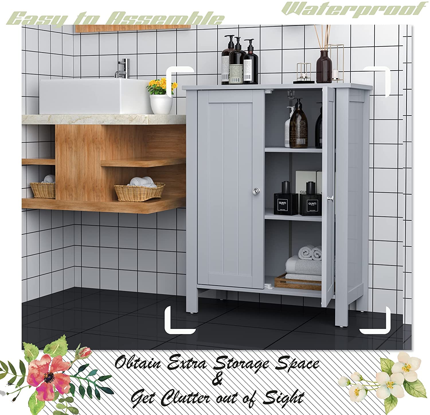 LUARANE Wooden Bathroom Floor Storage Cabinet, Side Storage Organizer Cabinet with Double Doors and Adjustable Shelves, Free Standing Sideboard for Entryway Bathroom Kitchen (Grey)