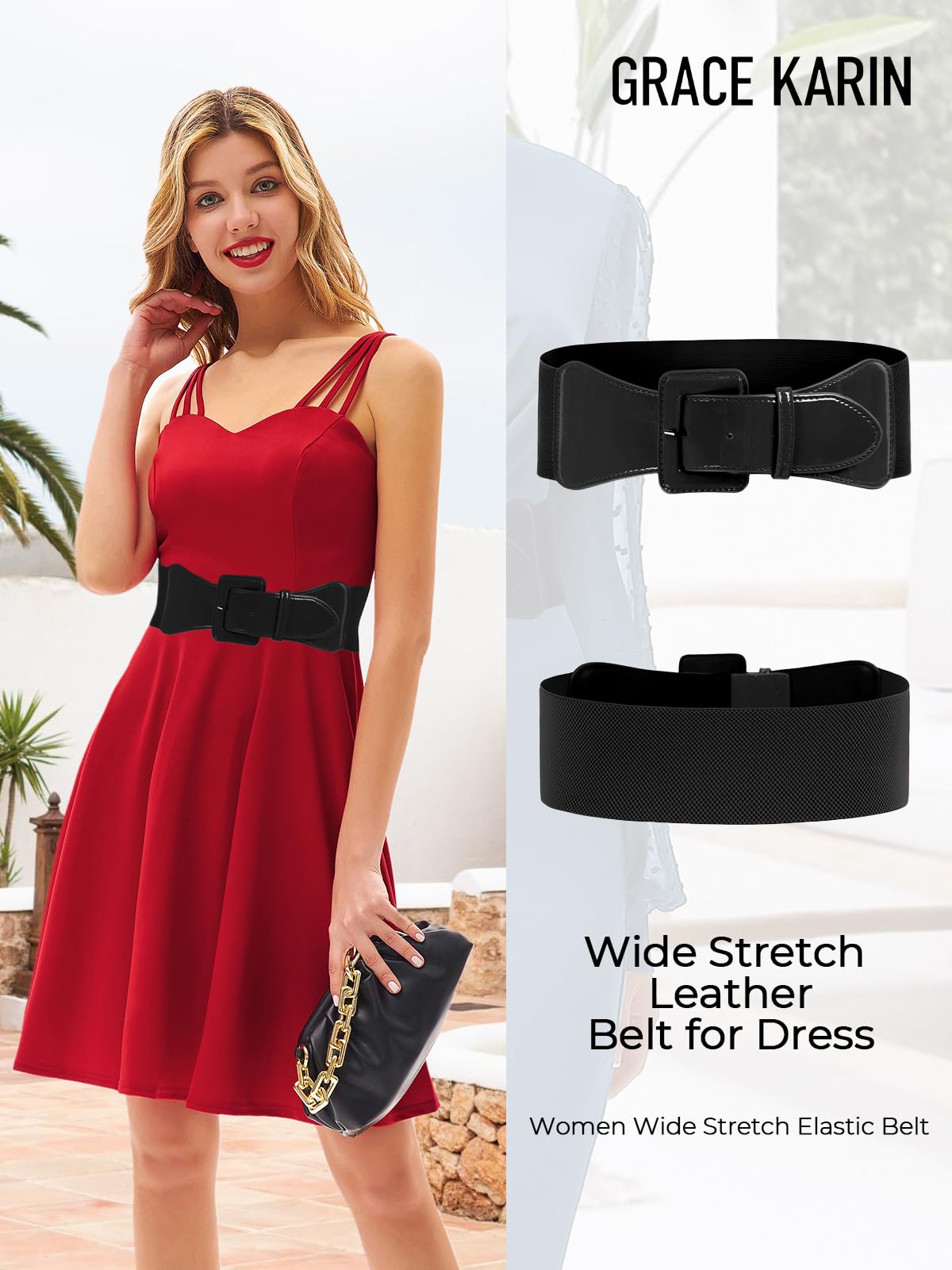 GRACE KARIN Womens Black Belt Stretch Belts For Women Fashion Wide Elastic Belts Back Blets XL