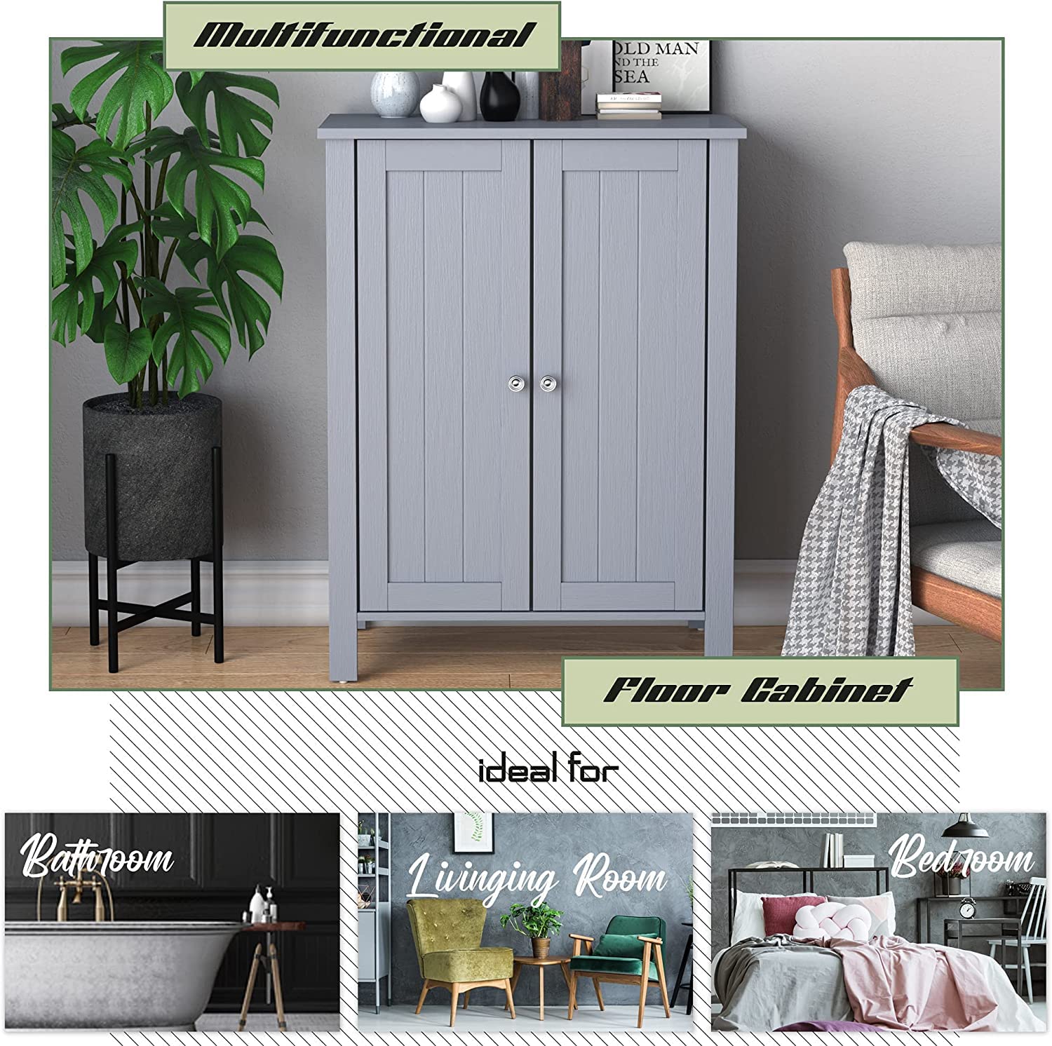 LUARANE Wooden Bathroom Floor Storage Cabinet, Side Storage Organizer Cabinet with Double Doors and Adjustable Shelves, Free Standing Sideboard for Entryway Bathroom Kitchen (Grey)