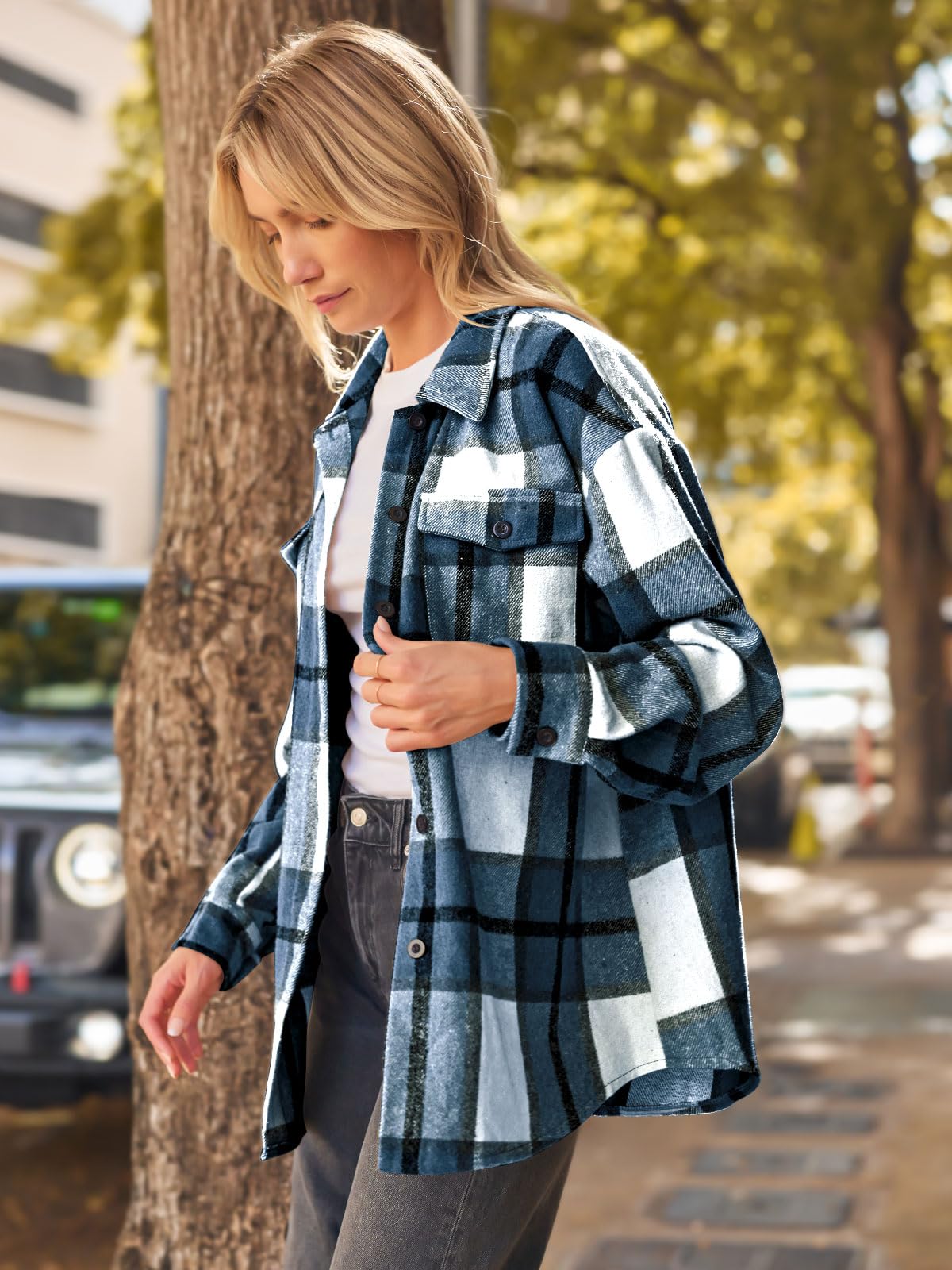 AUTOMET Womens Fall Outfits Fashion Clothes Shackets Flannel Plaid Button Down Long Sleeve Shirts Jackets Blue L