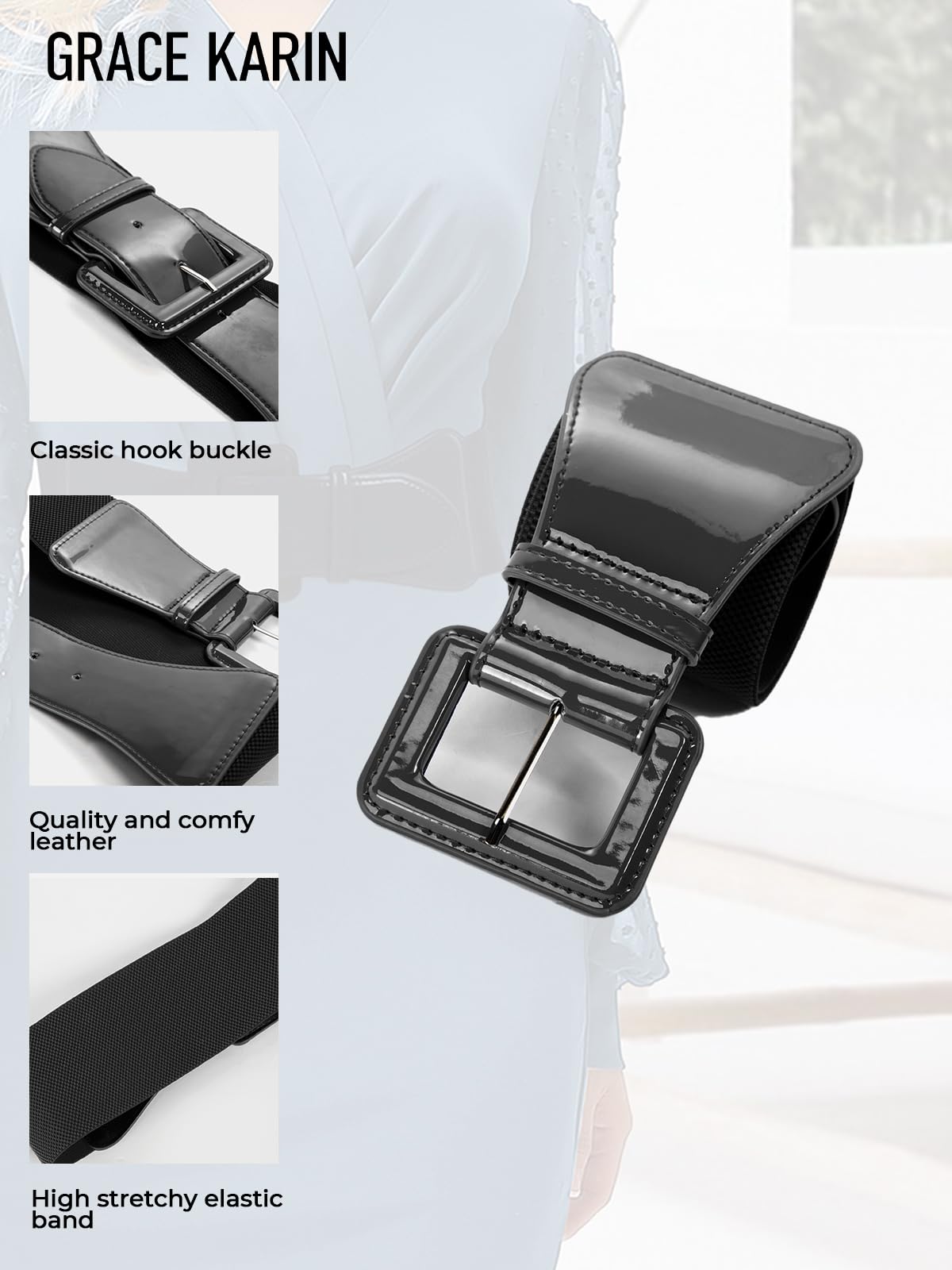 GRACE KARIN Womens Black Belt Stretch Belts For Women Fashion Wide Elastic Belts Back Blets XL