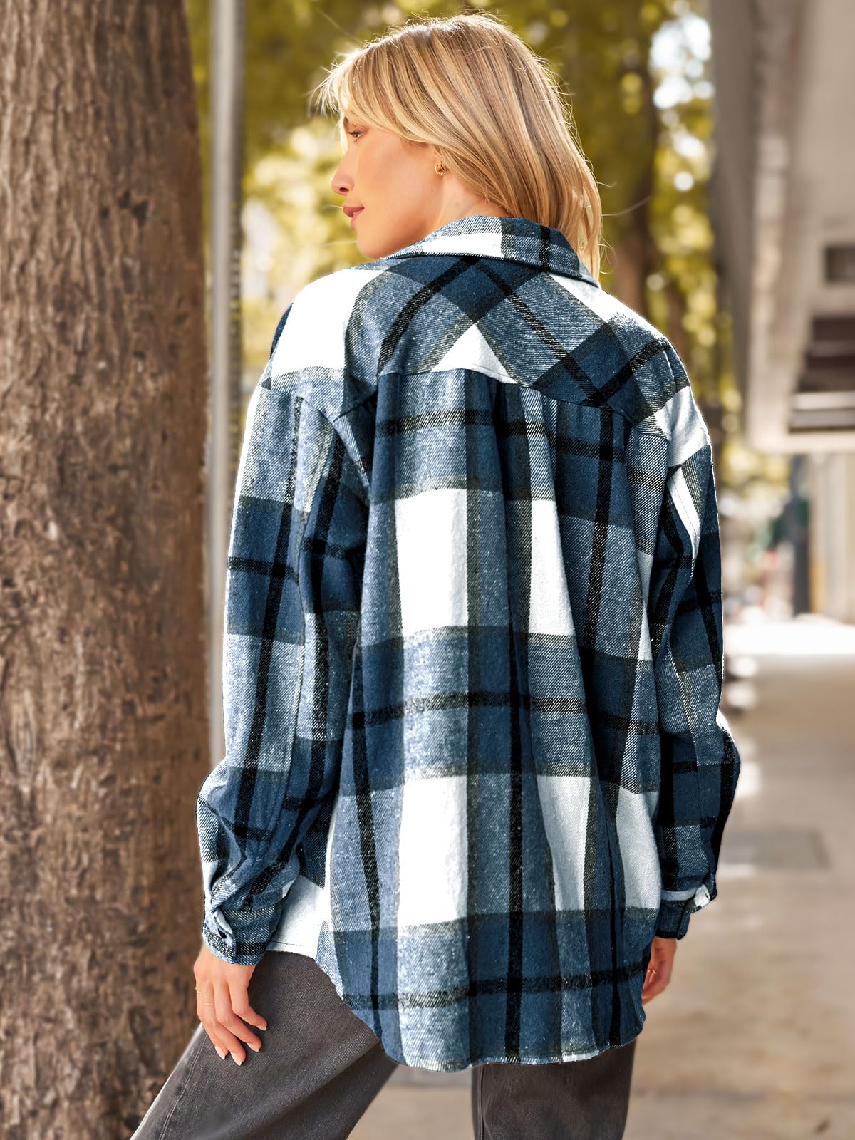 AUTOMET Womens Fall Outfits Fashion Clothes Shackets Flannel Plaid Button Down Long Sleeve Shirts Jackets Blue L