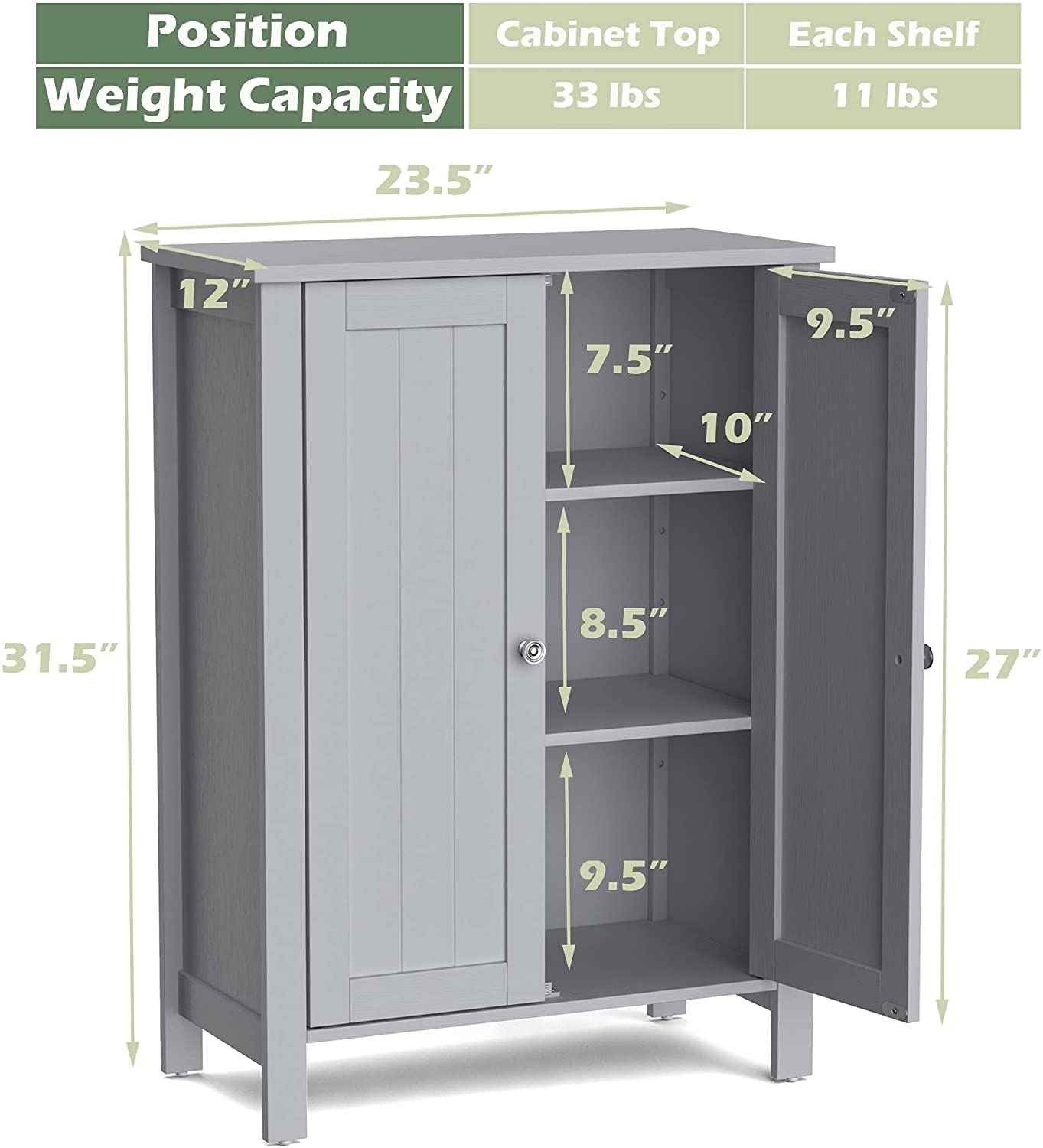 LUARANE Wooden Bathroom Floor Storage Cabinet, Side Storage Organizer Cabinet with Double Doors and Adjustable Shelves, Free Standing Sideboard for Entryway Bathroom Kitchen (Grey)