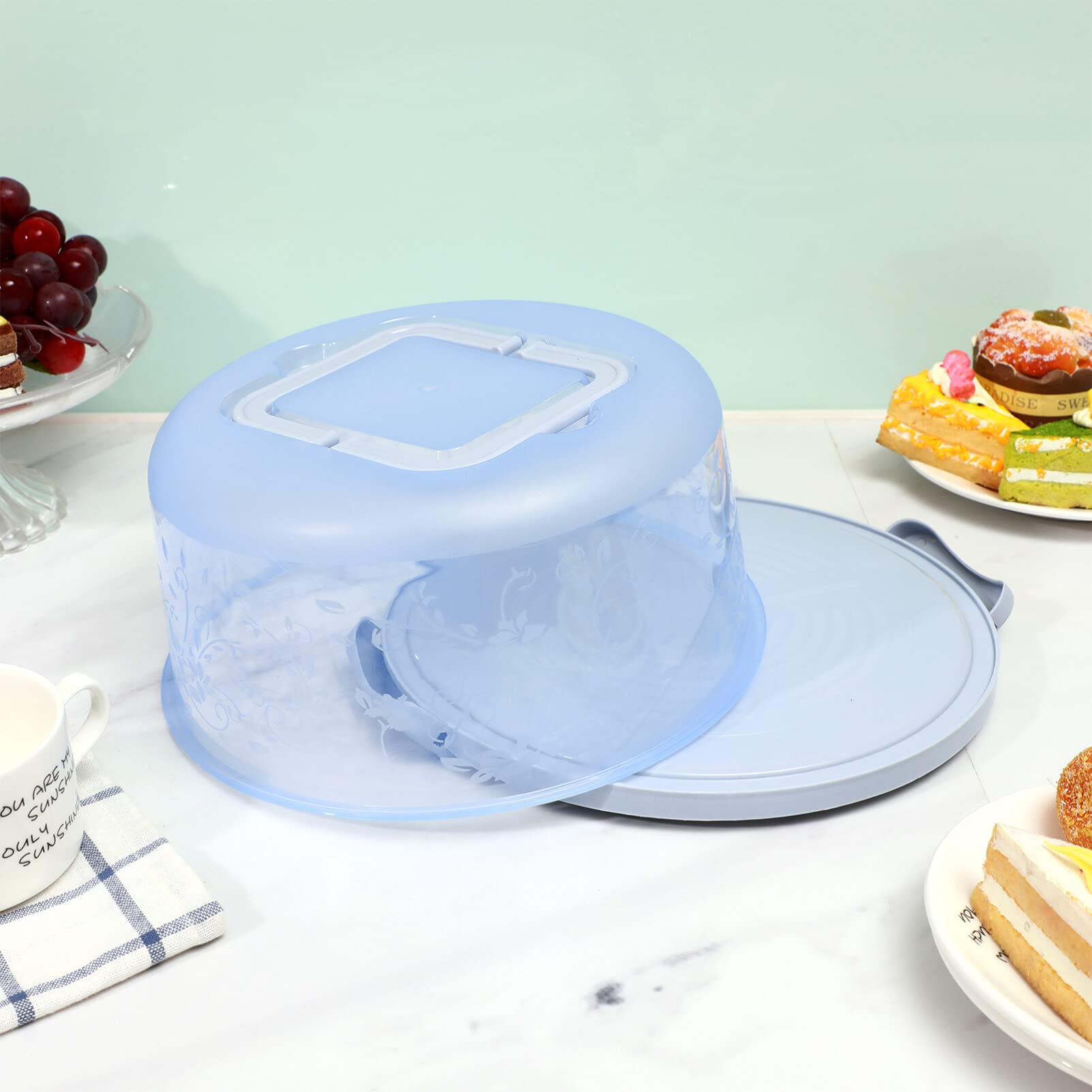 DOITOOL Plastic Cake Carrier with Collapsible Handle for 8inch Cake, Portable Round Cake Container for Transport, Cake Keeper with Cover and Latch for Cakes, Pies, Cupcakes, Muffins Dessert (Blue)