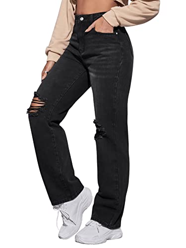 SweatyRocks Women's High Waist Ripped Jeans Distressed Raw Hem Denim Pants Solid Black S