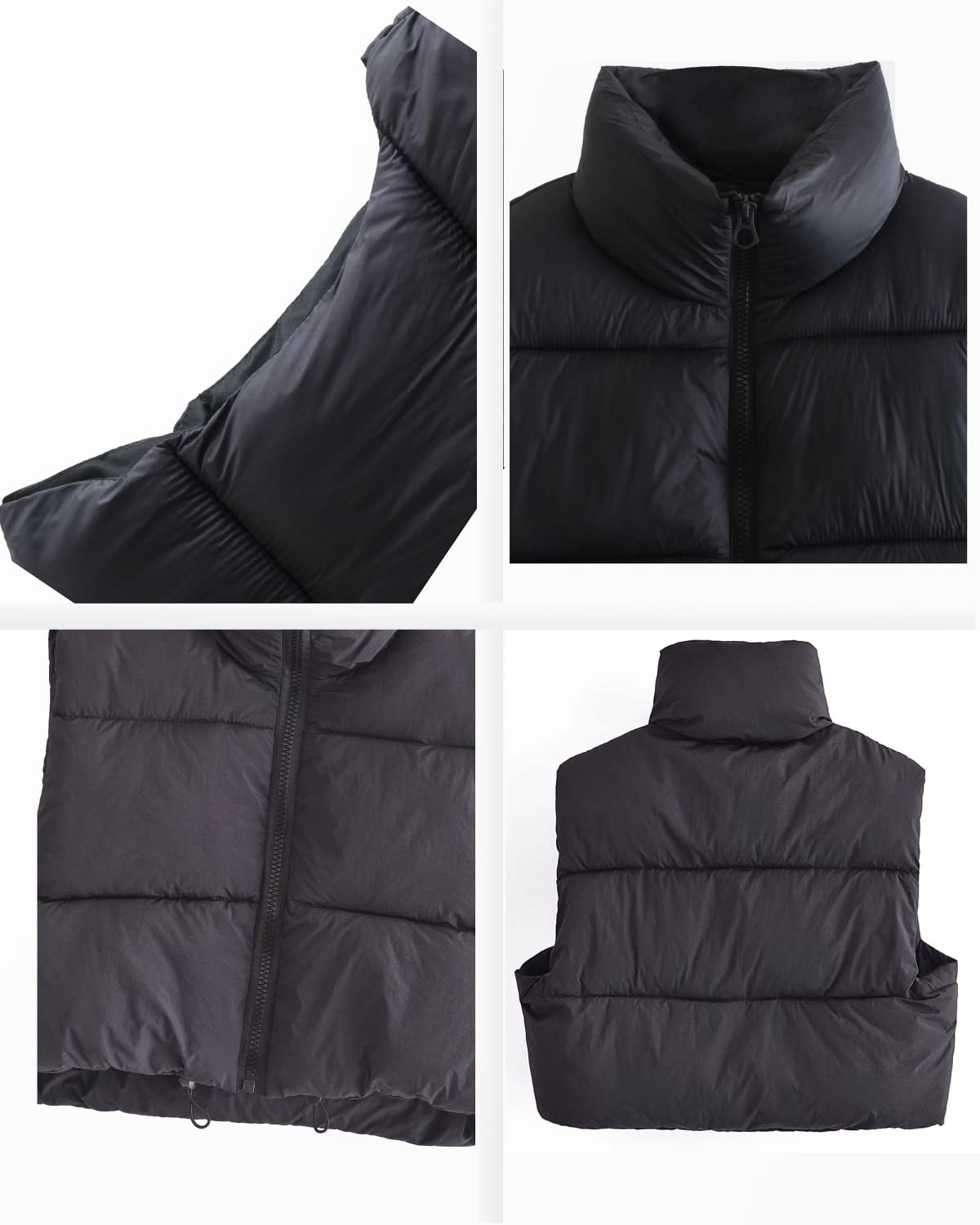 Shiyifa Women's Fashion High Neck Zipper Cropped Puffer Vest Jacket Coat (Black, Large)