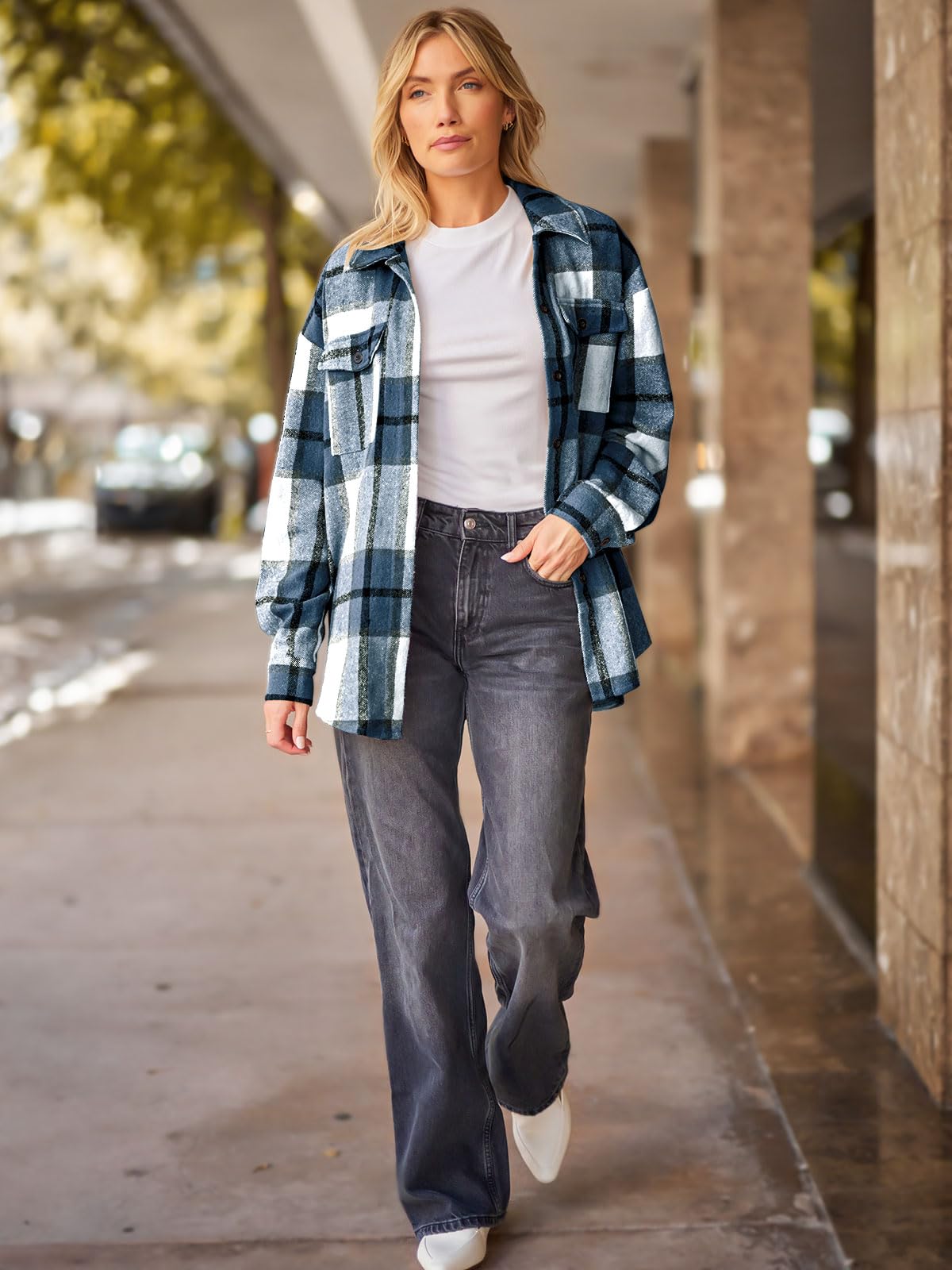 AUTOMET Womens Fall Outfits Fashion Clothes Shackets Flannel Plaid Button Down Long Sleeve Shirts Jackets Blue L