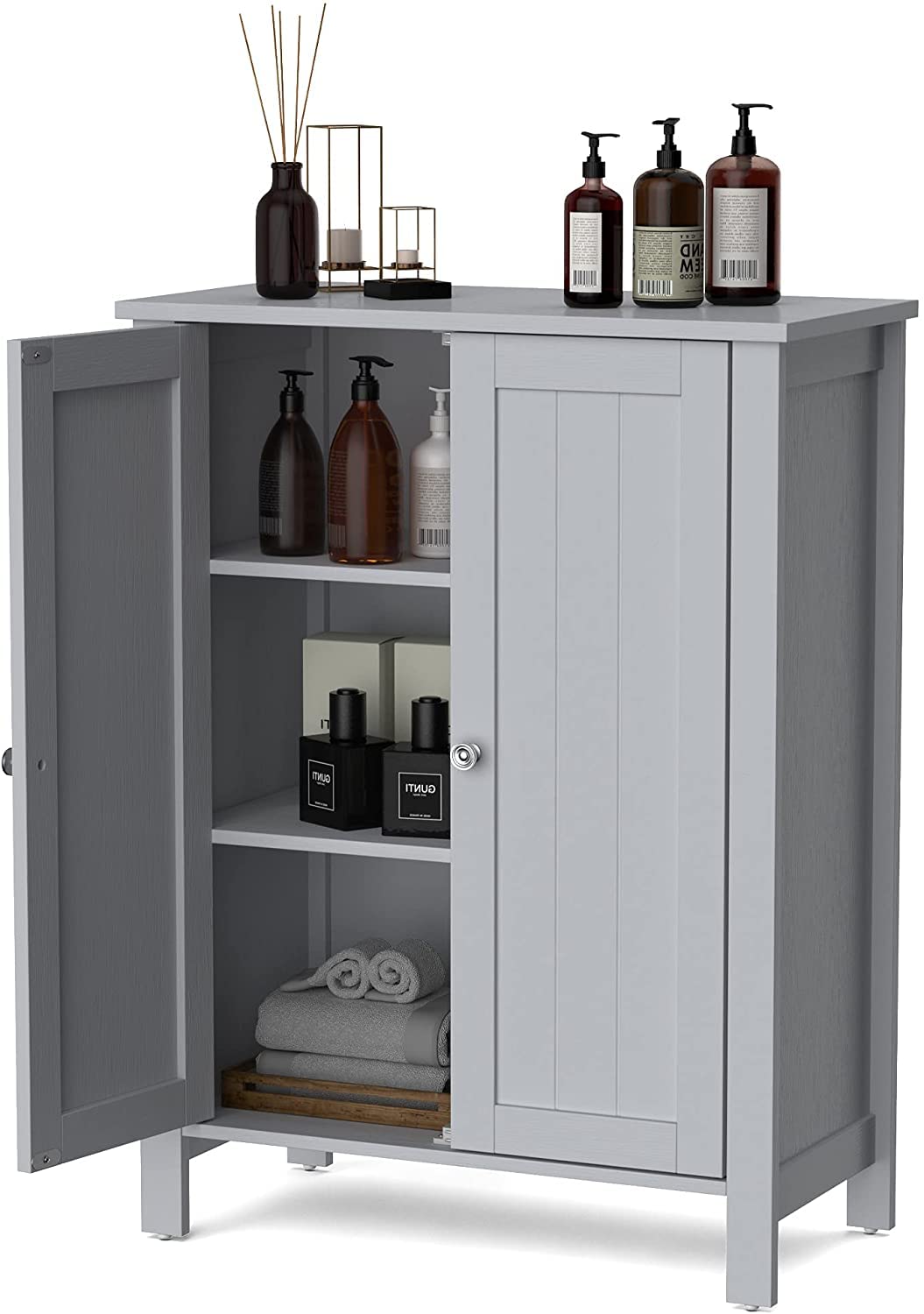 LUARANE Wooden Bathroom Floor Storage Cabinet, Side Storage Organizer Cabinet with Double Doors and Adjustable Shelves, Free Standing Sideboard for Entryway Bathroom Kitchen (Grey)