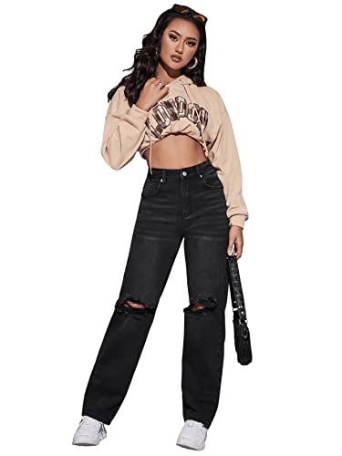 SweatyRocks Women's High Waist Ripped Jeans Distressed Raw Hem Denim Pants Solid Black S