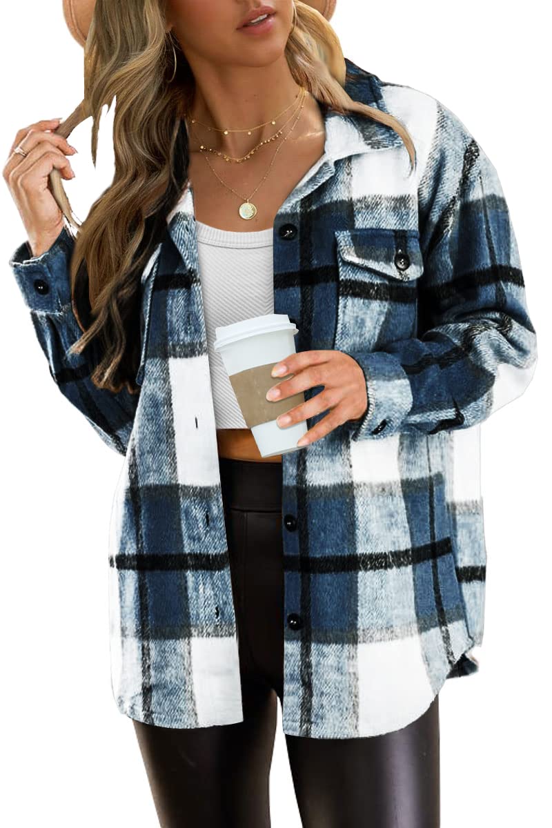 AUTOMET Womens Fall Outfits Fashion Clothes Shackets Flannel Plaid Button Down Long Sleeve Shirts Jackets Blue L