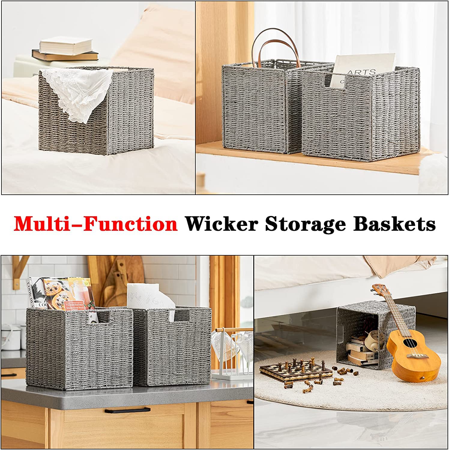 Vagusicc Wicker Basket, Set of 2 Hand-Woven Wicker Storage Basket, Foldable 11 inch Cube Storage Bins, Storage Baskets for Organizing Shelves, Closet Organizers and Storage Bins, Gray (11″×11″×11″)