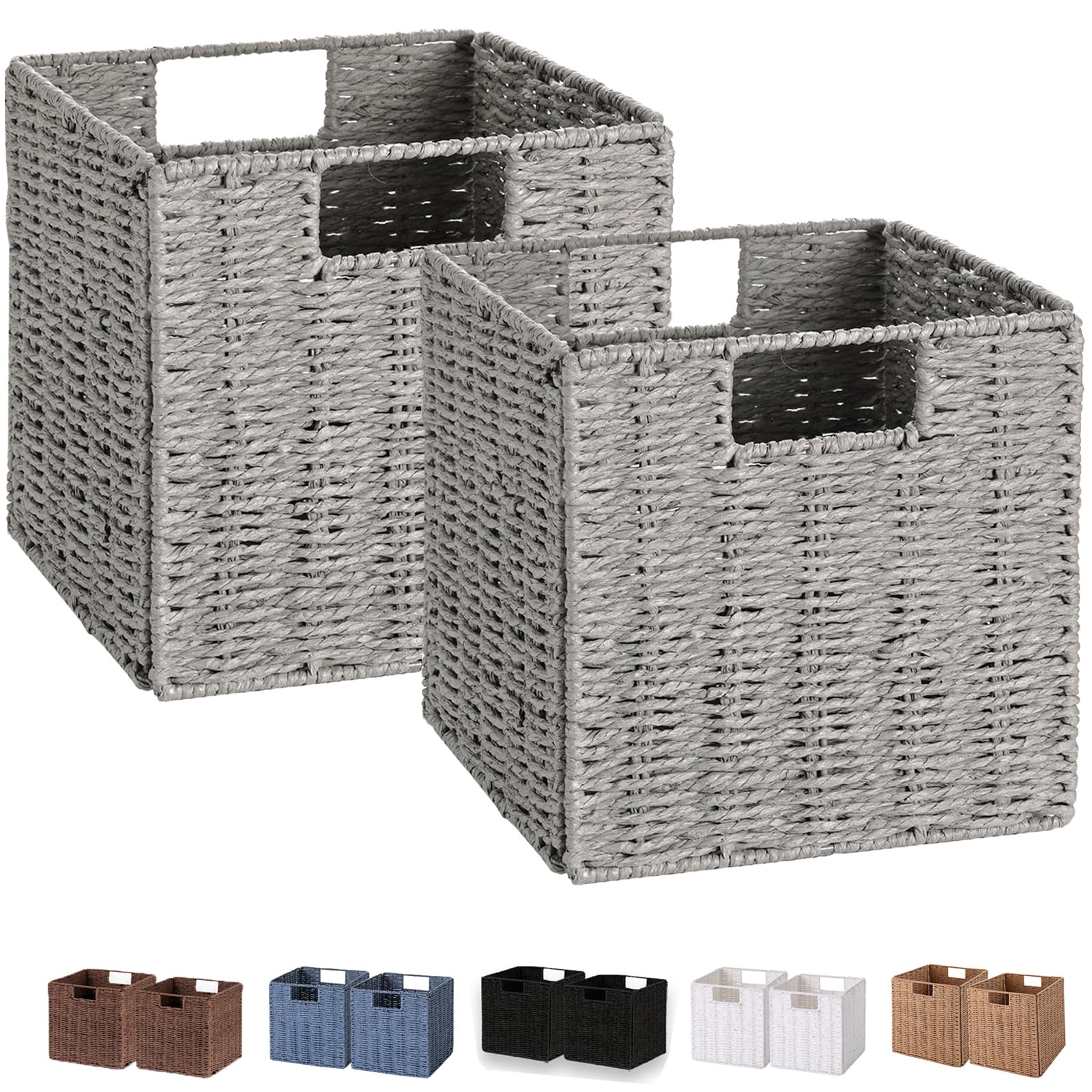 Vagusicc Wicker Basket, Set of 2 Hand-Woven Wicker Storage Basket, Foldable 11 inch Cube Storage Bins, Storage Baskets for Organizing Shelves, Closet Organizers and Storage Bins, Gray (11âłĂ11âłĂ11âł)