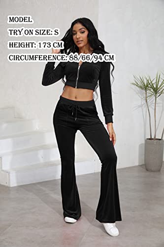 Wryran Velour Tracksuits Womens 2 Piece Lounge Outfits Zip Up Cropped Jacket Velvet Track Suits Y2K Sweatshirt and Flared Sweatpants with Pockets Matching Set Black Medium