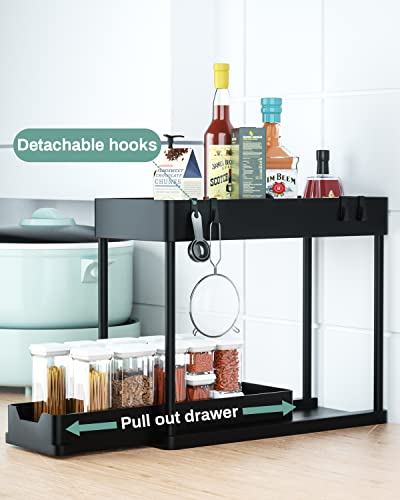 Gaclibl Under Sink Organizers and Storage, 2 Tier Under Cabinet Organizer with 4 Hooks Pull Out Under Sink Storage for Bathroom Kitchen Cabinet Counter Pantry, Black