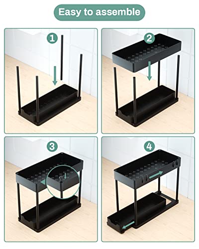 Gaclibl Under Sink Organizers and Storage, 2 Tier Under Cabinet Organizer with 4 Hooks Pull Out Under Sink Storage for Bathroom Kitchen Cabinet Counter Pantry, Black