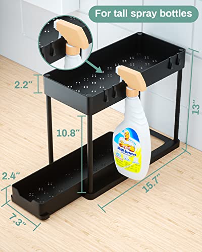 Gaclibl Under Sink Organizers and Storage, 2 Tier Under Cabinet Organizer with 4 Hooks Pull Out Under Sink Storage for Bathroom Kitchen Cabinet Counter Pantry, Black