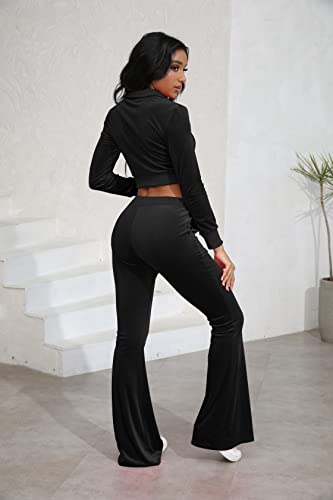 Wryran Velour Tracksuits Womens 2 Piece Lounge Outfits Zip Up Cropped Jacket Velvet Track Suits Y2K Sweatshirt and Flared Sweatpants with Pockets Matching Set Black Medium