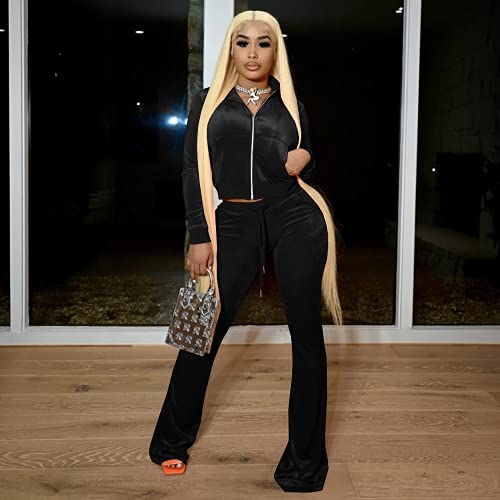 Wryran Velour Tracksuits Womens 2 Piece Lounge Outfits Zip Up Cropped Jacket Velvet Track Suits Y2K Sweatshirt and Flared Sweatpants with Pockets Matching Set Black Medium