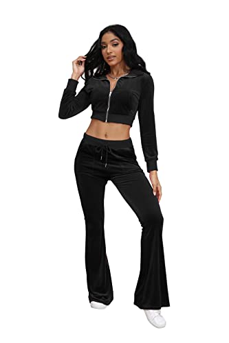 Wryran Velour Tracksuits Womens 2 Piece Lounge Outfits Zip Up Cropped Jacket Velvet Track Suits Y2K Sweatshirt and Flared Sweatpants with Pockets Matching Set Black Medium