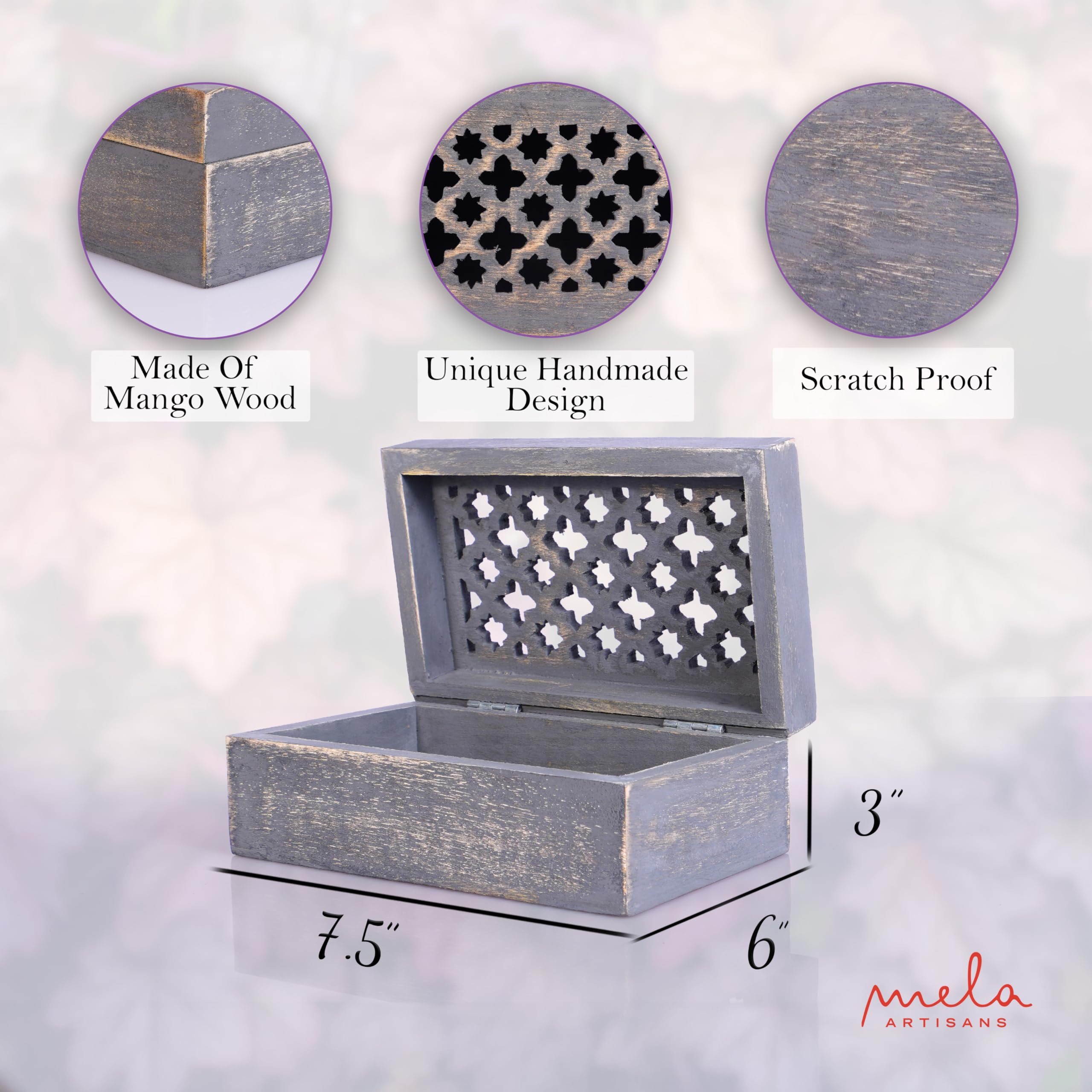 Mela Artisans Medium Keepsake Box with Hinged Trellis Lid - Distressed Dove | Wooden Decorative Box | Keepsake Memory Box | Mango Wood Storage Box | Store Trinkets, Cards & Stash | 7.5β x 4.5β x 3