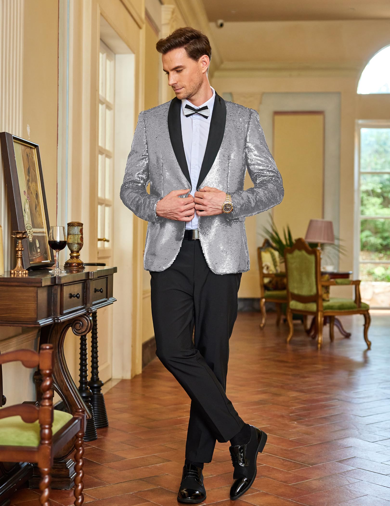 COOFANDY Men's Shiny Sequins Suit Jacket Blazer One Button Tuxedo Banquet Prom Silver