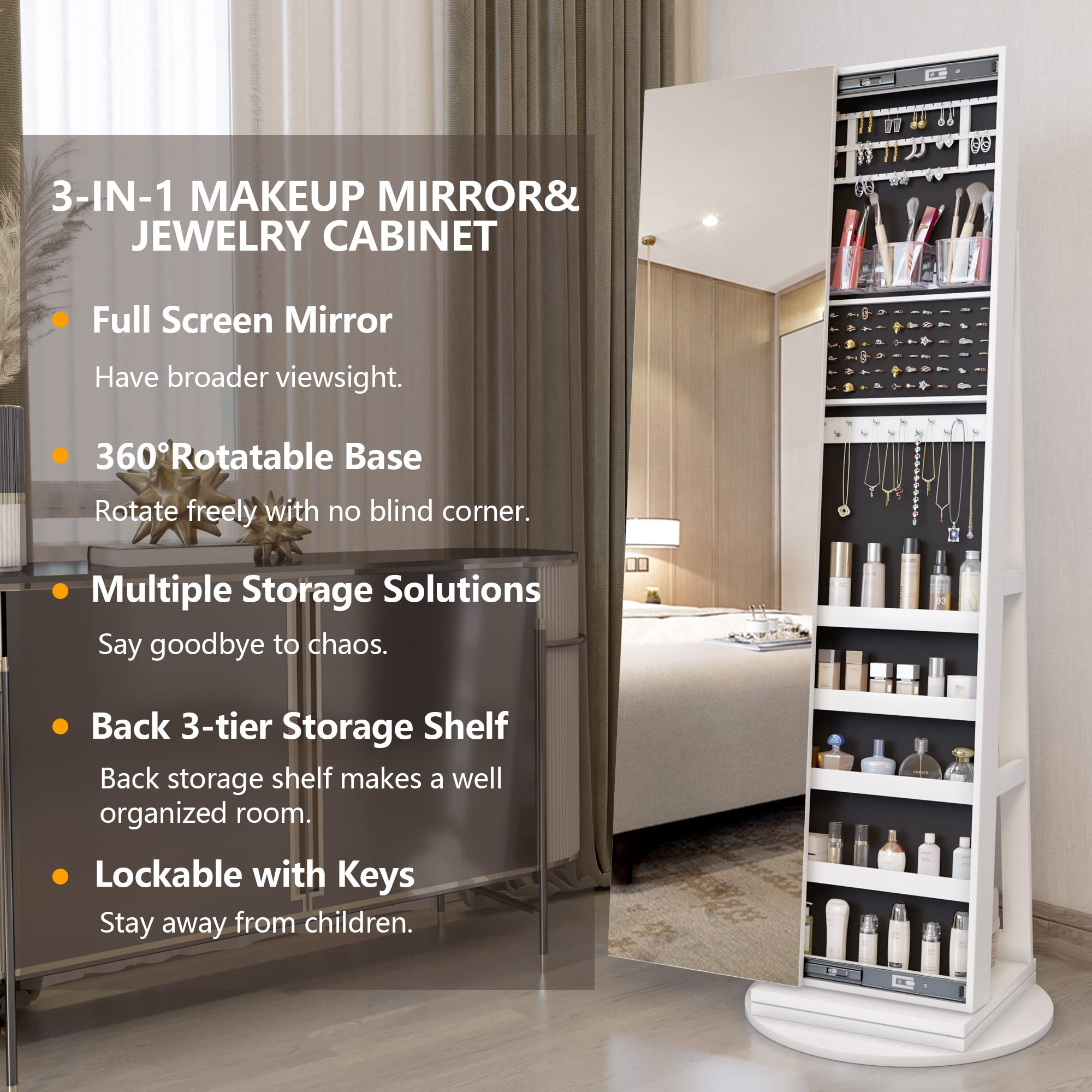 LVSOMT 360° Swivel Jewelry Armoire Cabinet, Full Length Mirror with Jewelry Storage, Standing Jewelry Armoire Organizer with Mirror, Rotatable, Large Capacity (White)