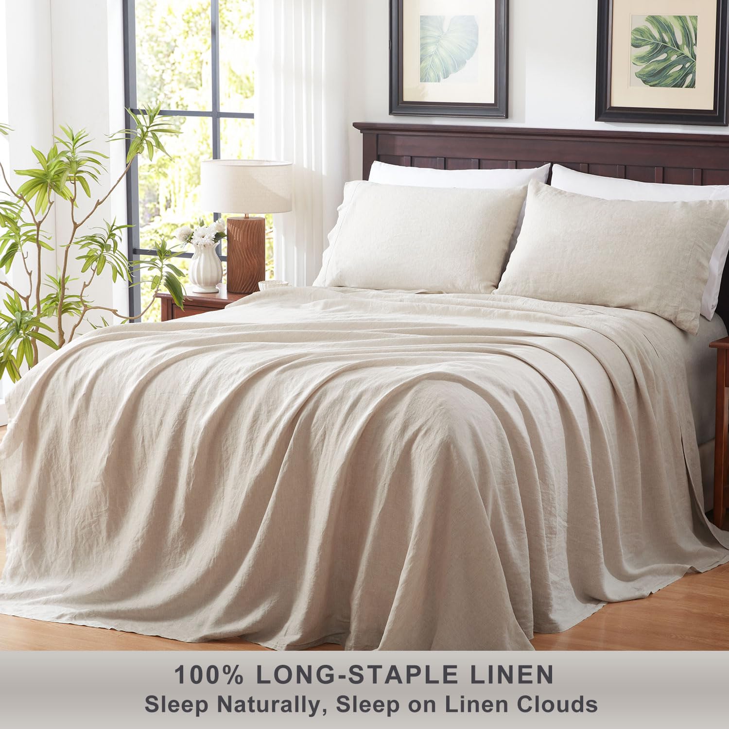 TOSMO Pure Linen Sheets Set, 100% French Natural Linen Flax Bedding 4pc Set (Full, 1 Flat Sheet, 1 Fitted Sheet,2 Pillowcase) - Natural Linen