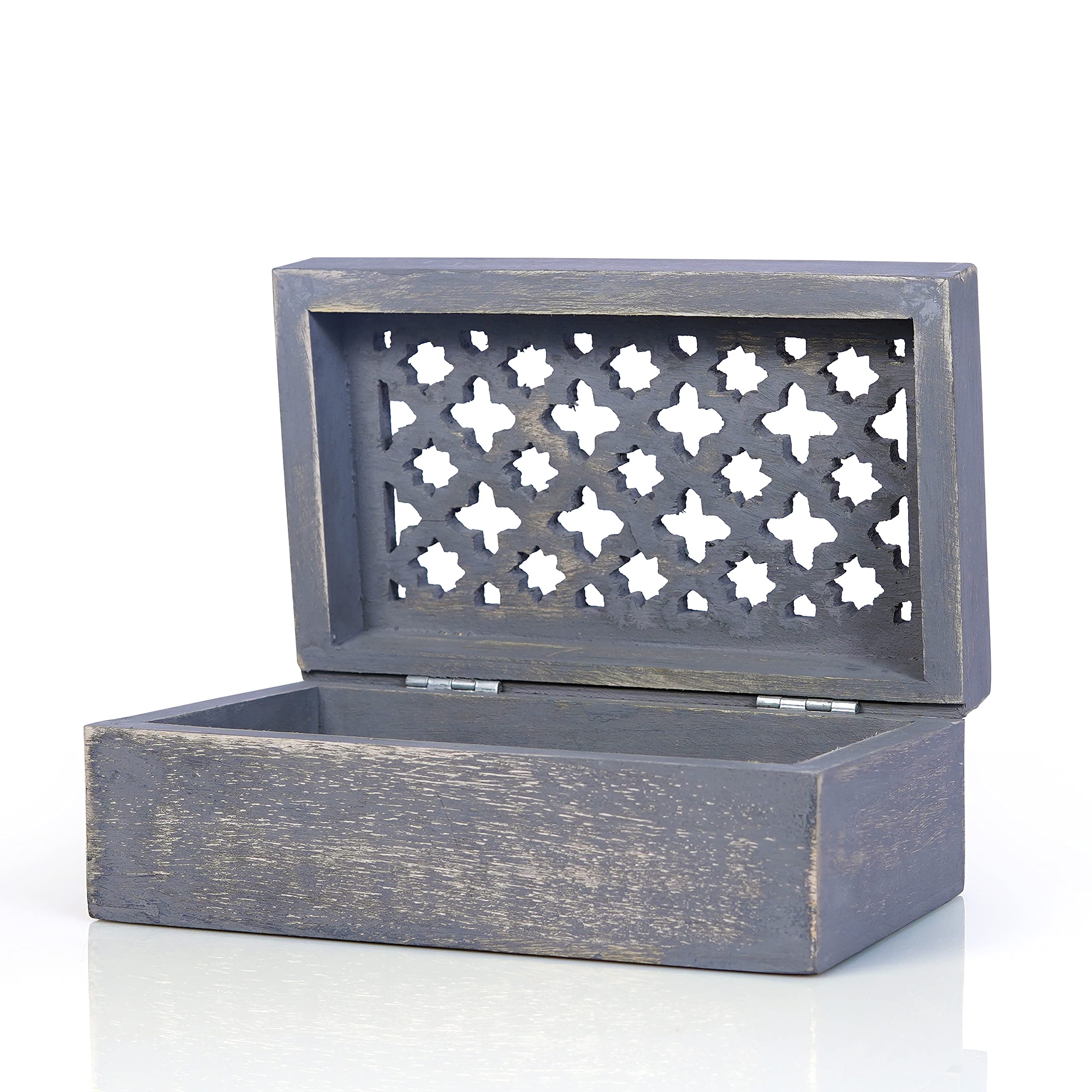 Mela Artisans Medium Keepsake Box with Hinged Trellis Lid - Distressed Dove | Wooden Decorative Box | Keepsake Memory Box | Mango Wood Storage Box | Store Trinkets, Cards & Stash | 7.5” x 4.5” x 3
