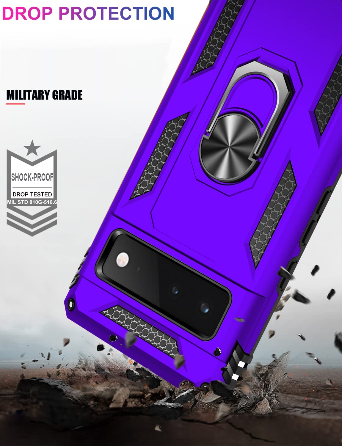 IKAZZ Suitable for Google Pixel 6 Pro Case,Military Grade Shockproof Heavy Duty Protective Phone Cover Pass 16ft Drop Test with Magnetic Kickstand Car Mount Holder Purple